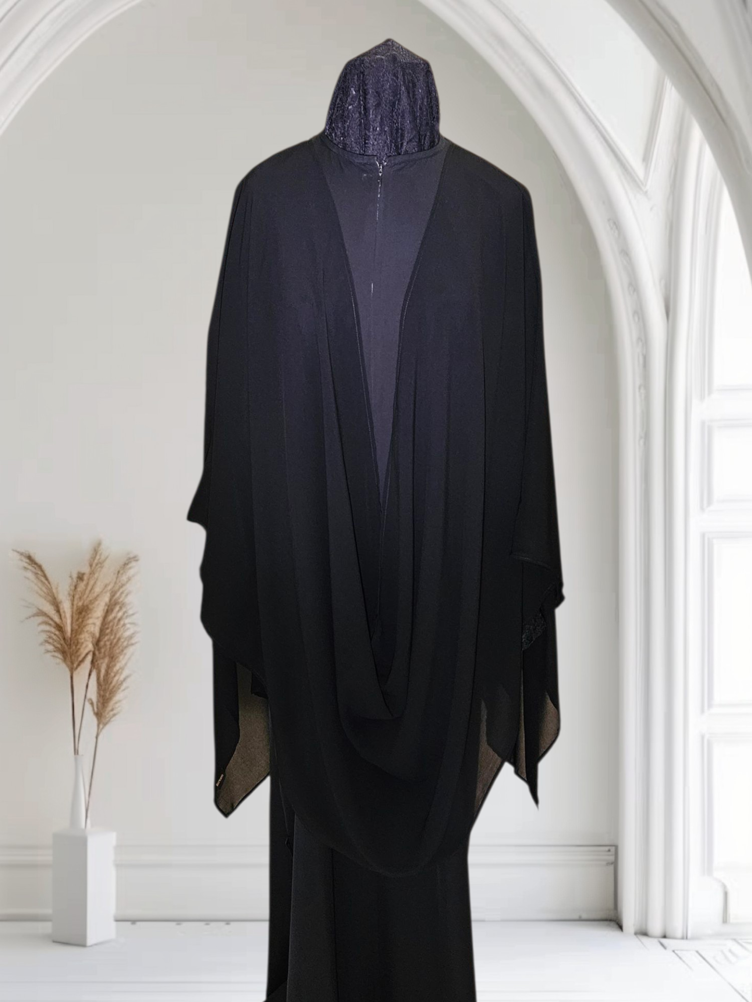 Shoulder Cape in Chiffon with Attached Scarf – Black Modesty